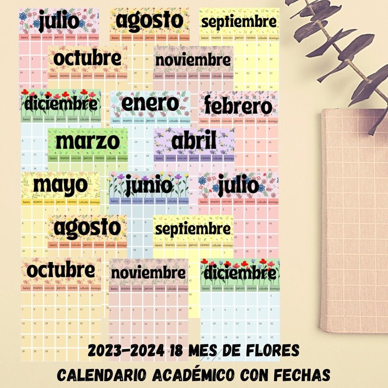2023-2024 Spanish Printable 18 Month Floral Academic Calendar Calendar ...