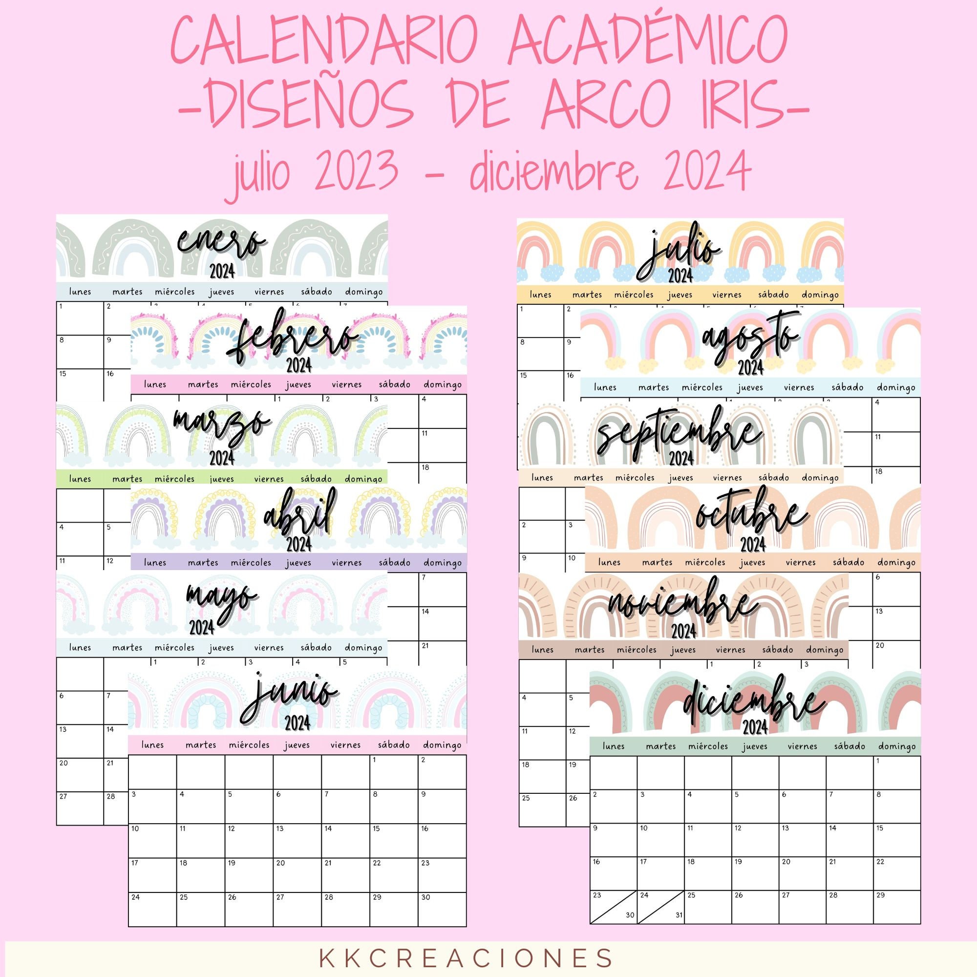 2023-2024 Spanish Printable Academic Calendar W/ Rainbows Calendario ...