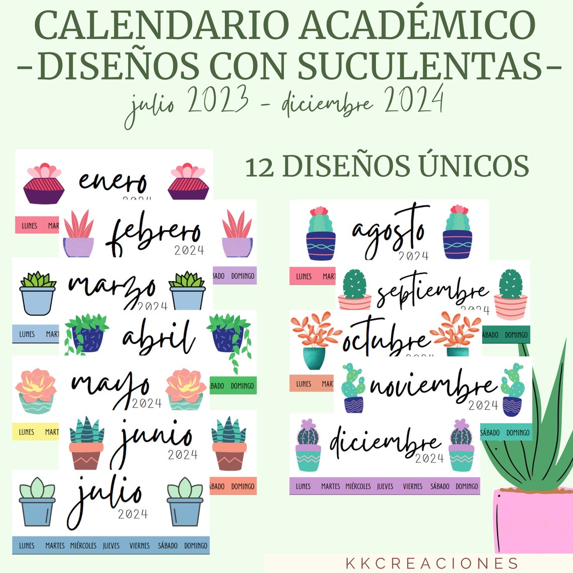 2023-2024 Spanish Academic Printable Calendar W/ Succulent Design ...