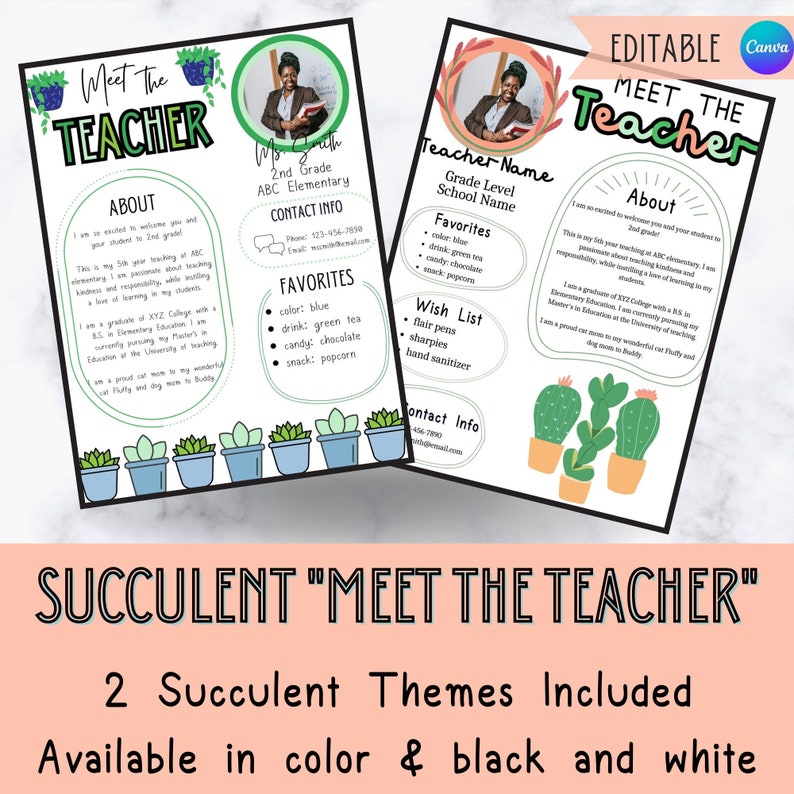 Succulent Meet the Teacher Canva Template Back to School Succulent ...
