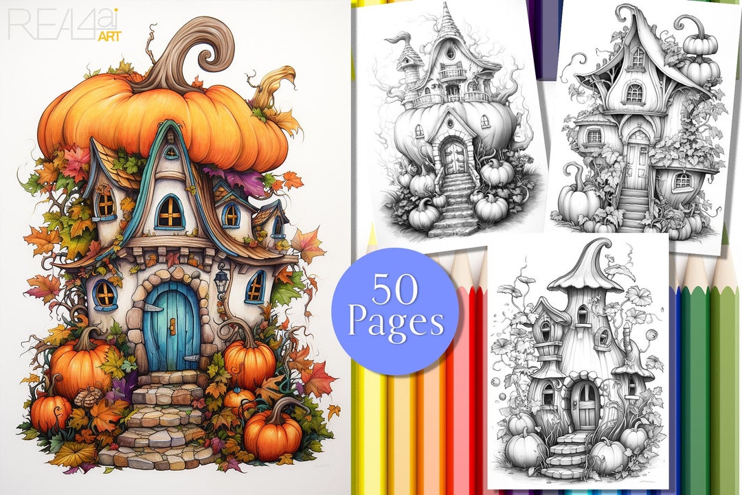 50 Pumpkin House Coloring Pages PDF Book, Adults Kids Instant Download ...