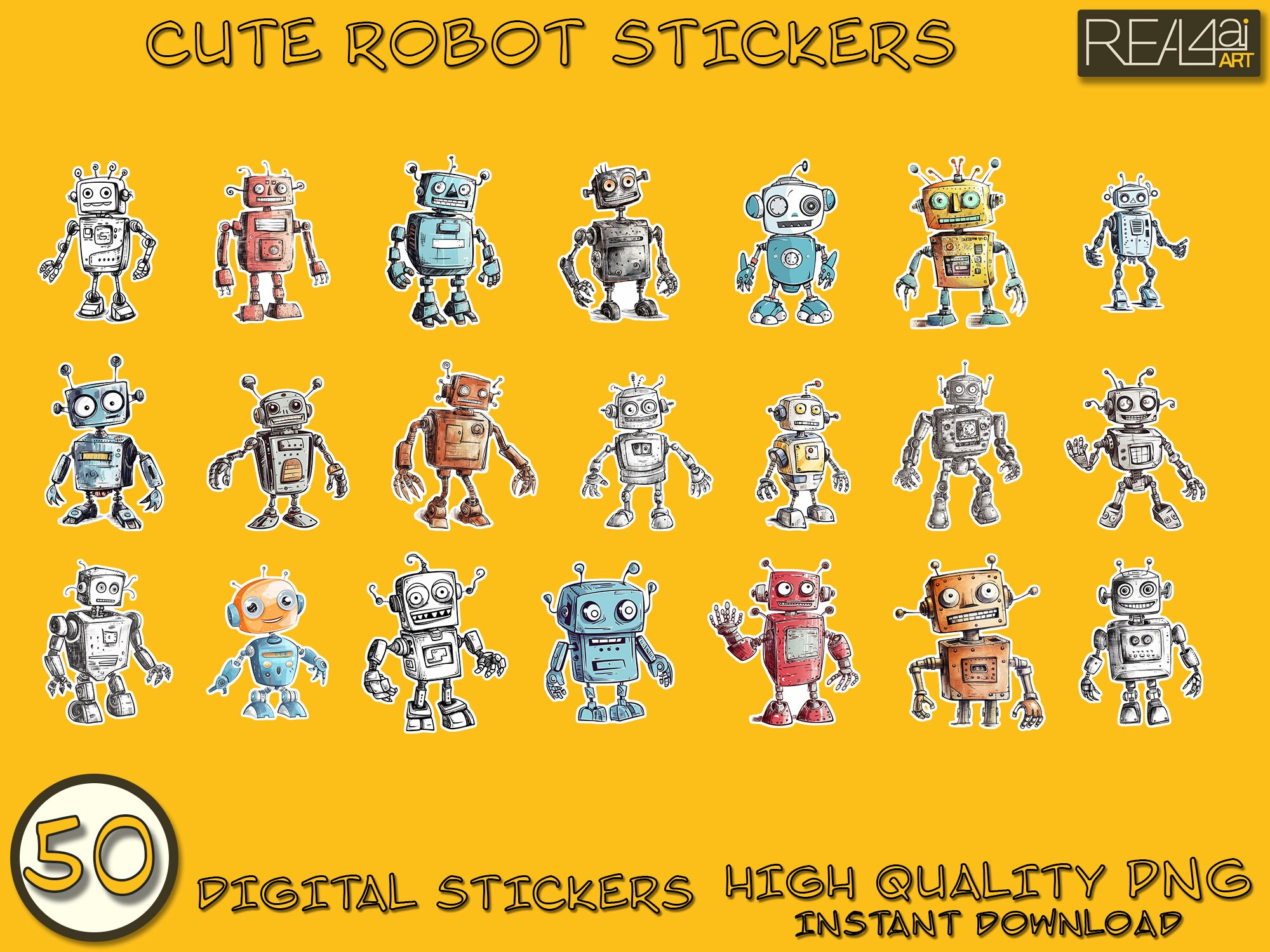50 Cute Robot Stickers Collection 1, Laptop Stickers, Digital Download ...
