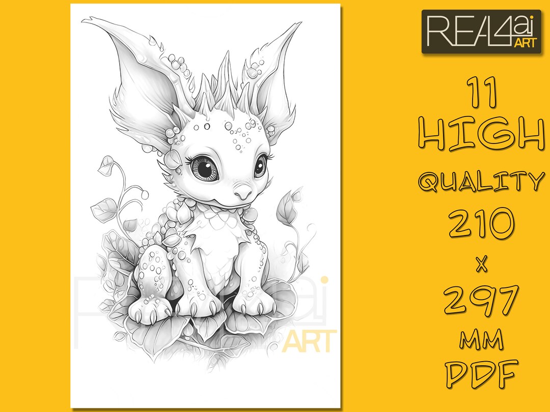 11 Baby Woodland Dragon Fantasy Coloring Page Book, Adults Kids ...