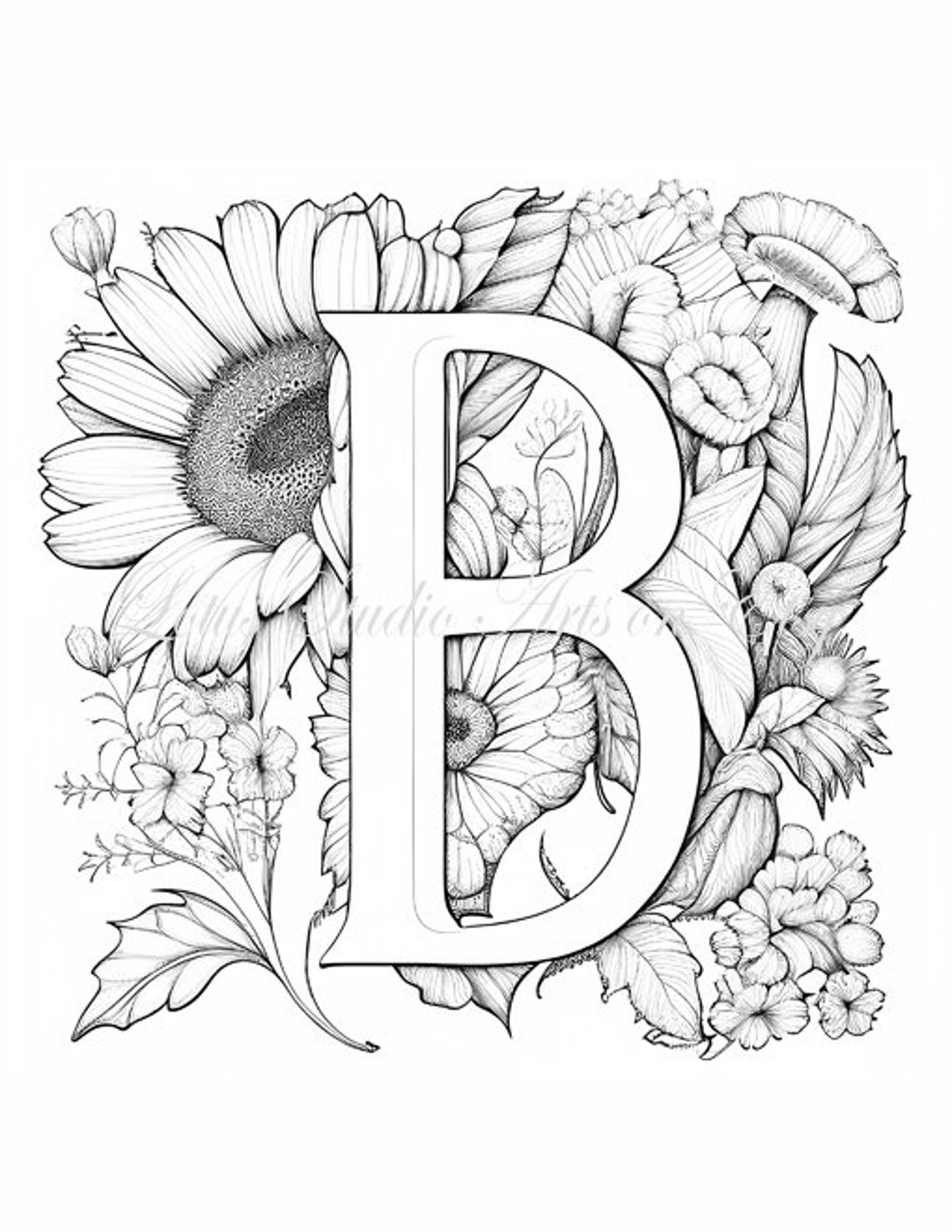 Floral Letter "b" Coloring Page, Style 1 - Downloadable Printable ...