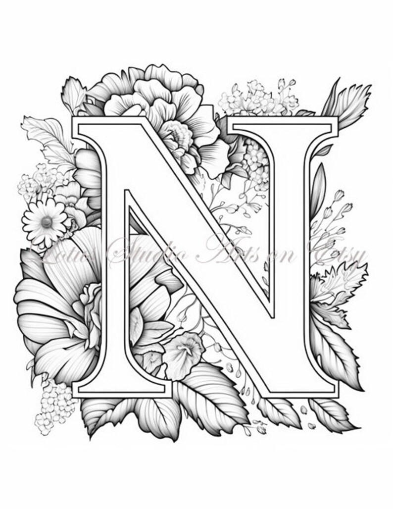 Floral Letter "n" Coloring Page, Style 1 - Downloadable Printable ...