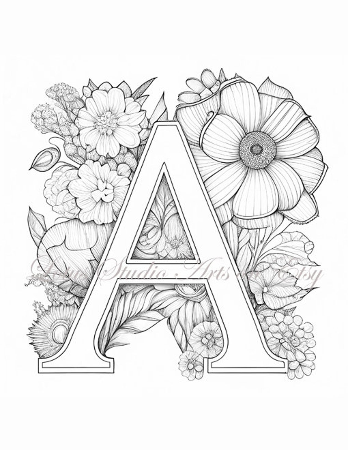 Floral Letter "a" Coloring Page, Style 1 - Downloadable Printable ...