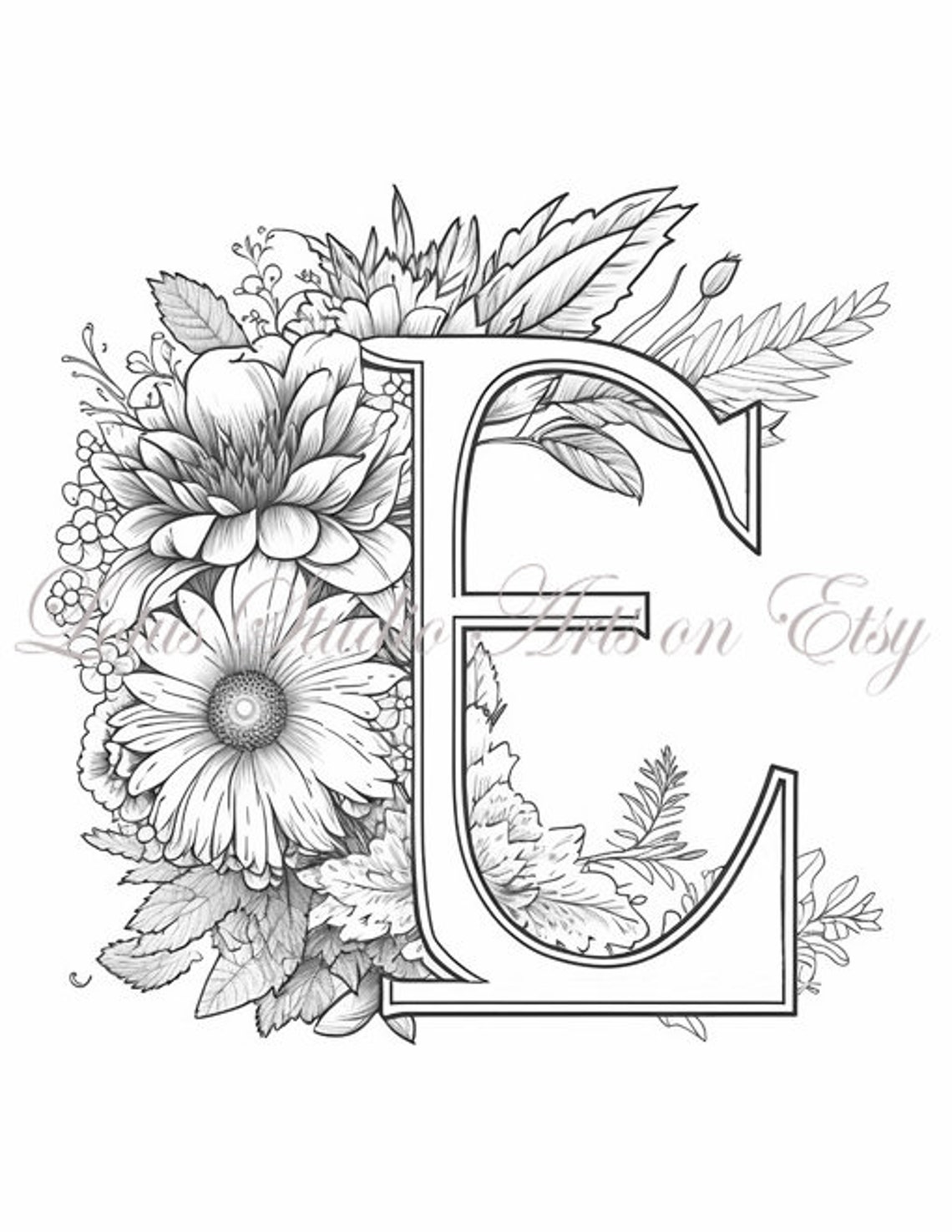 Floral Letter "e" Coloring Page, Style 1 - Downloadable Printable ...