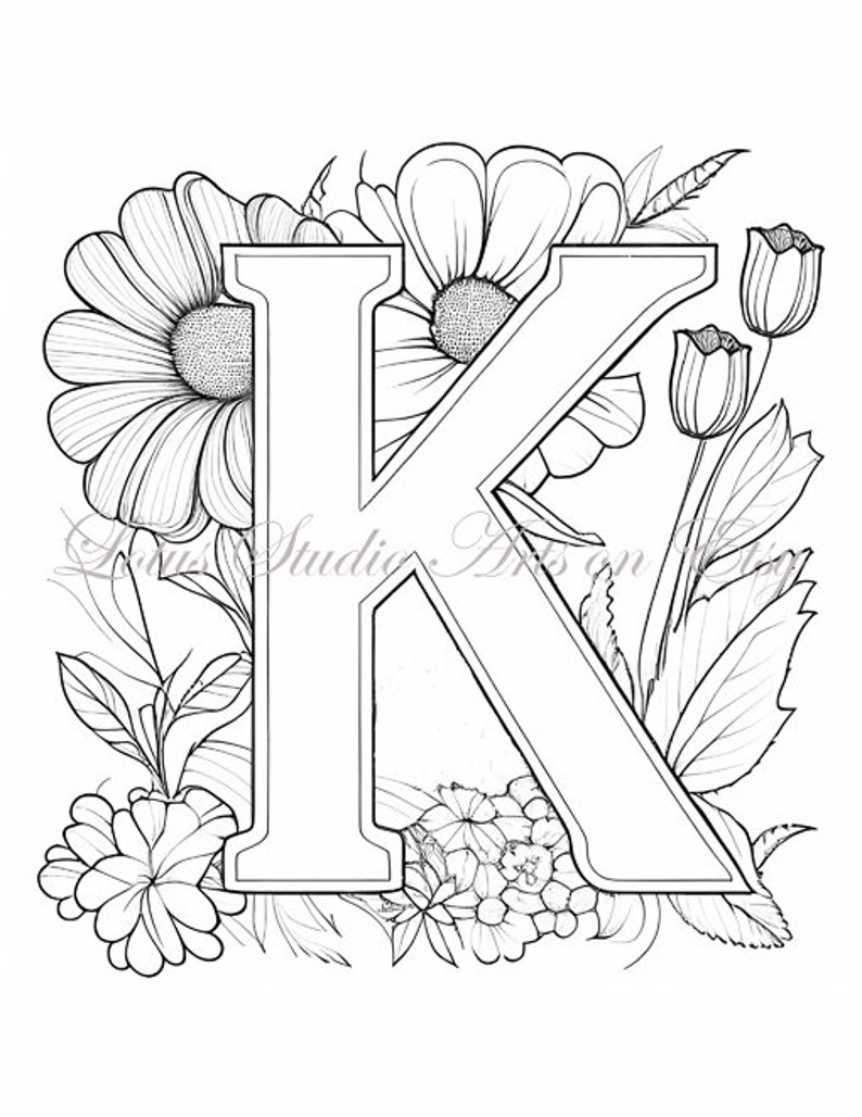 Floral Letter "k" Coloring Page, Style 1 - Downloadable Printable ...