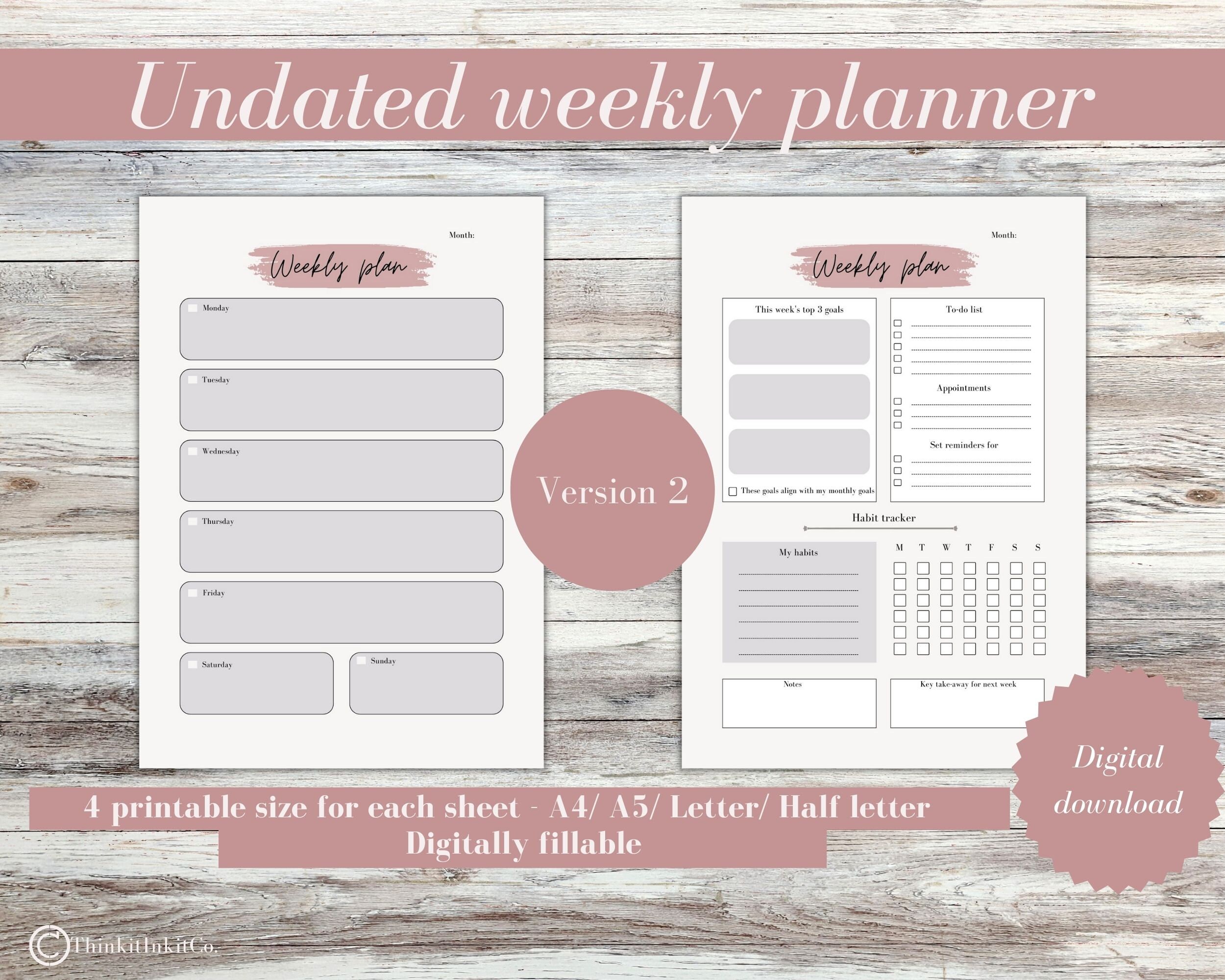 Undated Weekly Planner Printable, To-do List, Weekly Goals, Habit ...