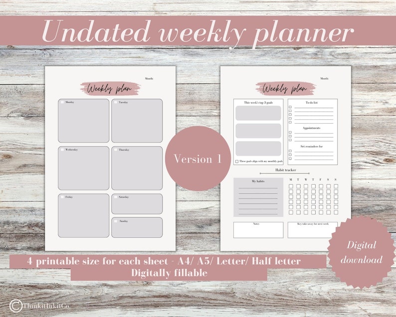 Undated Weekly Planner Printable, To-do List, Weekly Goals, Habit ...