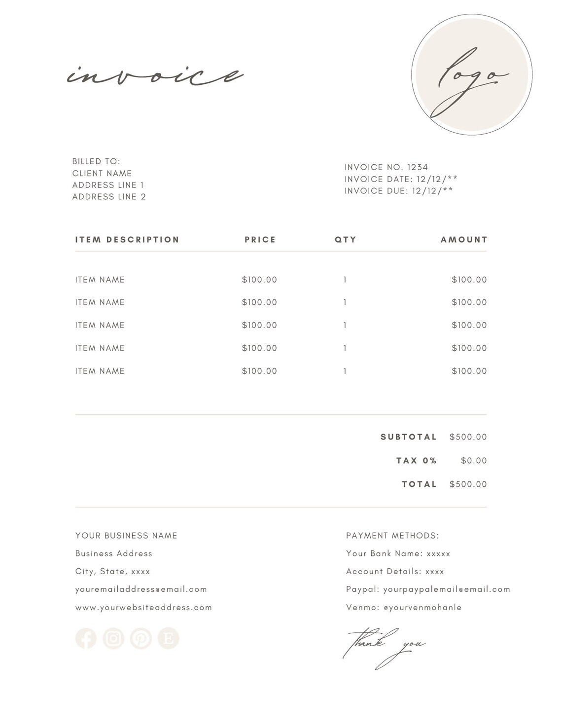 Invoice Template, Invoice Template Editable, Small Business Custom ...