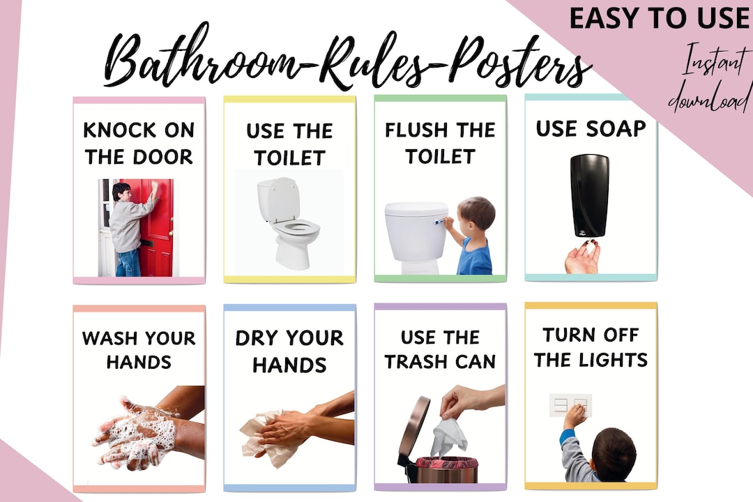 Pastel Bathroom Rules Posters | Kids Bathroom Decor | Wash Hands Sign ...