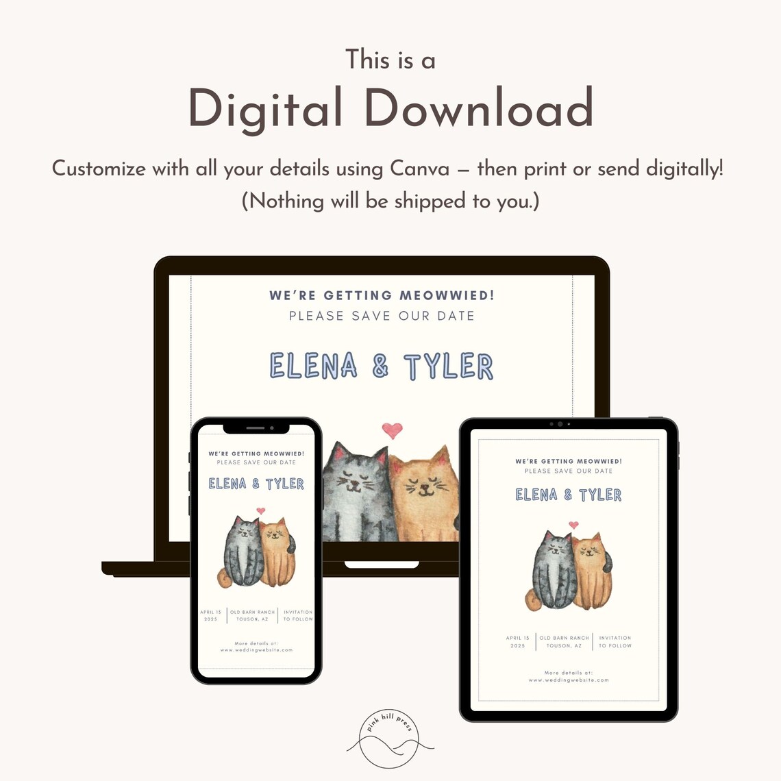 DIGITAL Cute Cats Wedding Save the Date, Editable Canva Wedding Save ...