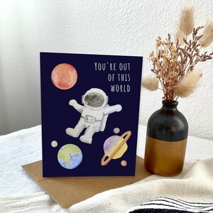 Handmade Watercolor Outerspace Card, Astronaut and Planets, Out of This ...