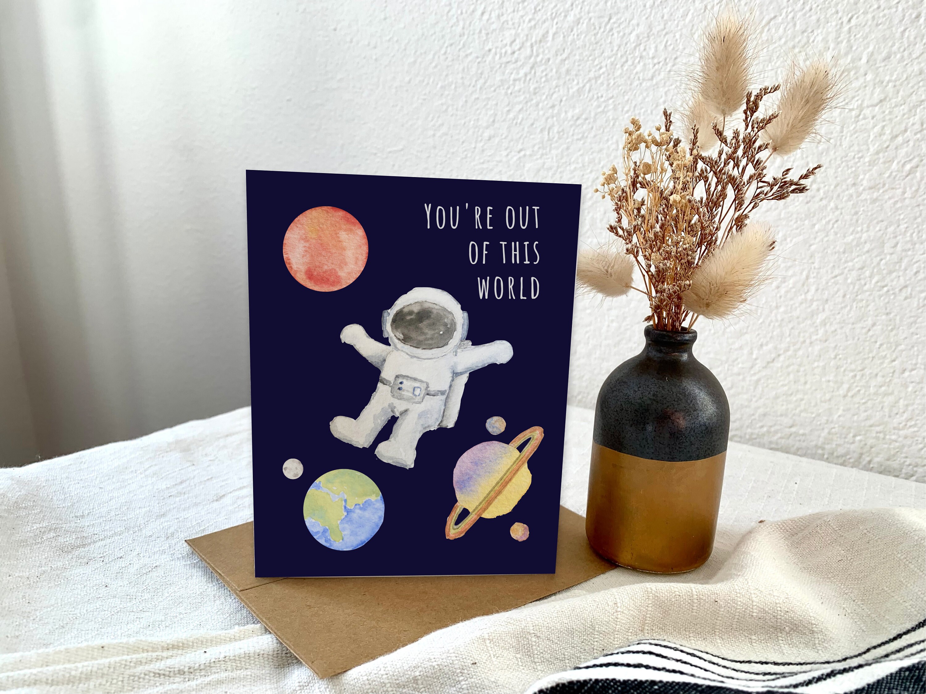 Handmade Watercolor Outerspace Card, Astronaut and Planets, Out of This ...