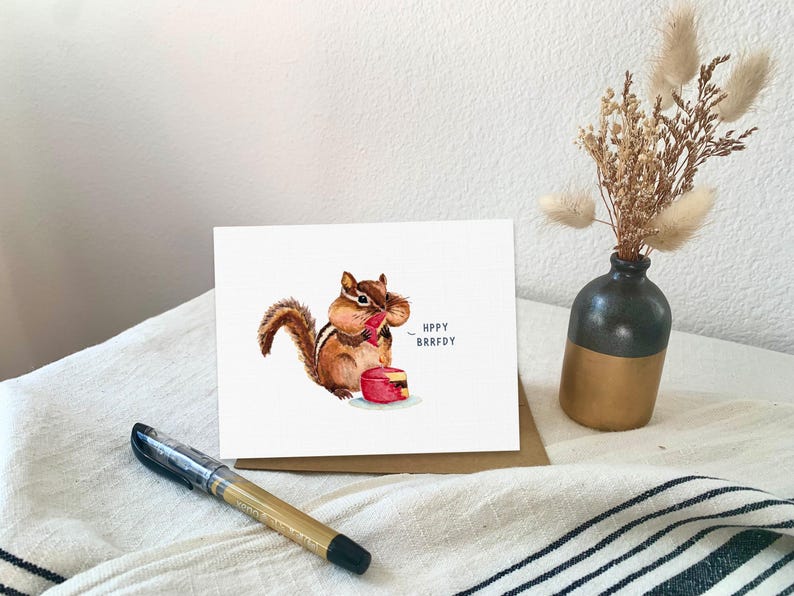 Cute Chipmunk Watercolor Birthday Card, Funny Happy Birthday Handmade ...