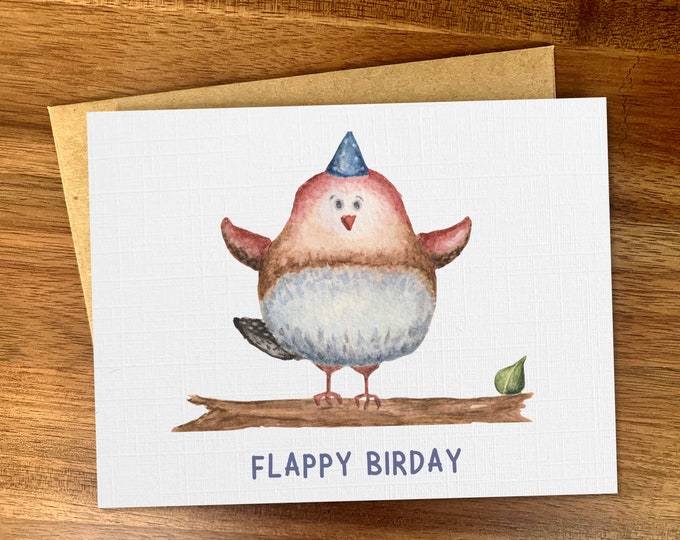 Bird Birthday Card, Funny Handmade Happy Birday Watercolor Finch Card ...
