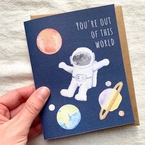 Handmade Watercolor Outerspace Card, Astronaut and Planets, Out of This ...