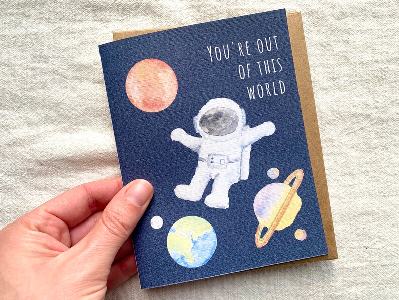 Handmade Watercolor Outerspace Card Astronaut and Planets - Etsy