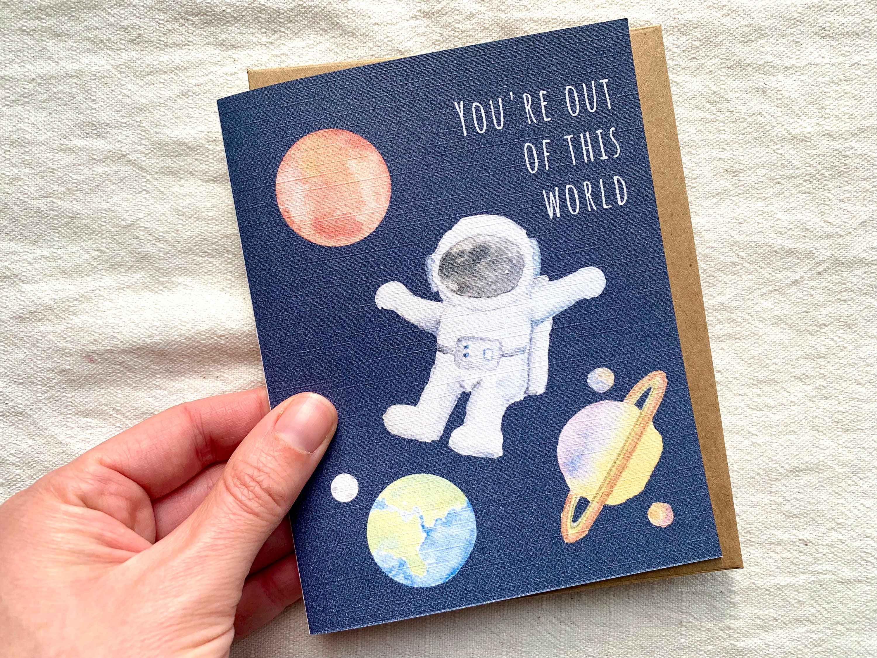 Handmade Watercolor Outerspace Card, Astronaut and Planets, Out of This ...