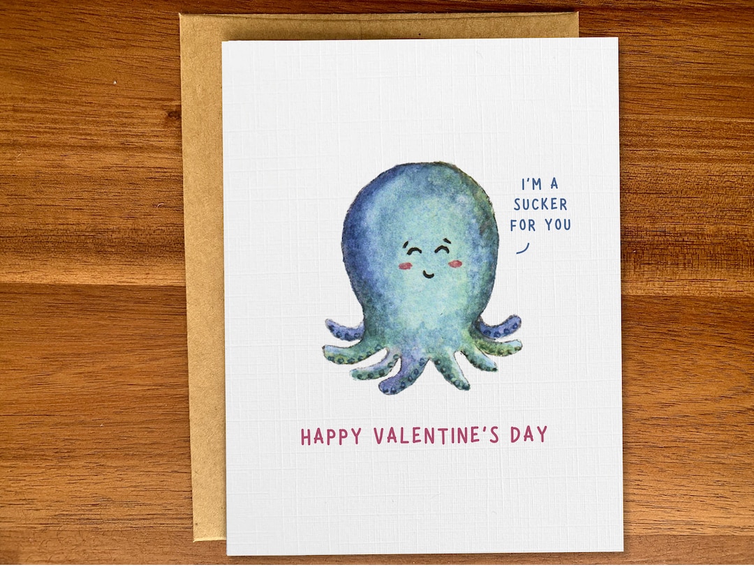 Blue Octopus Valentine's Day Card, Cute Sea Animal Handmade Greeting ...