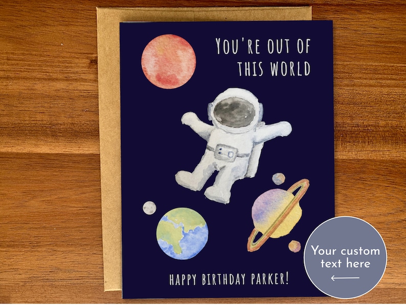 Handmade Watercolor Outerspace Card, Astronaut and Planets, Out of This ...