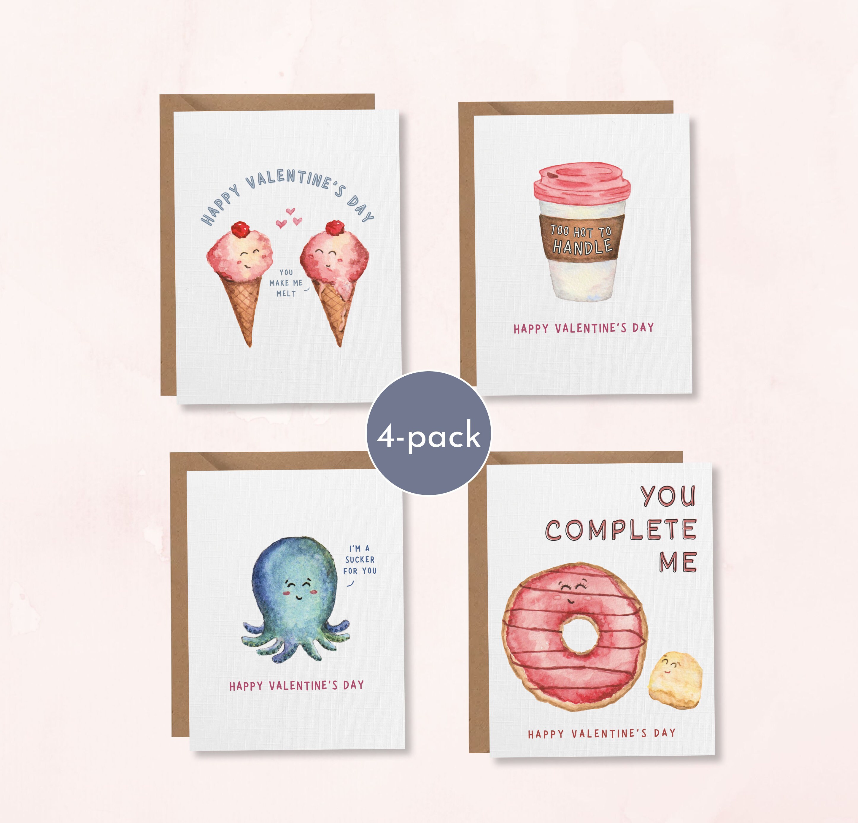 Cute Valentine's Day Card Set, 4 or 5-pack Handmade Watercolor Cards ...