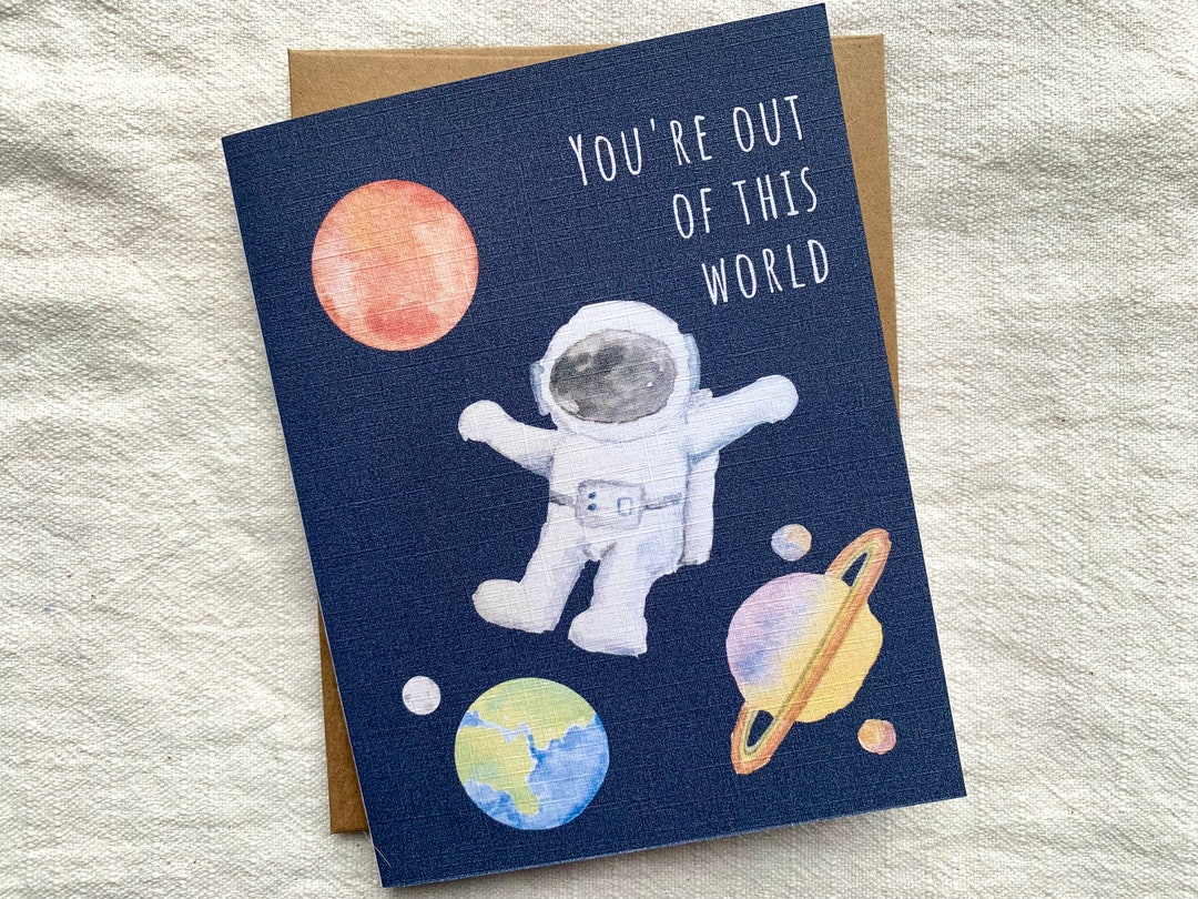 Handmade Watercolor Outerspace Card, Astronaut and Planets, Out of This ...