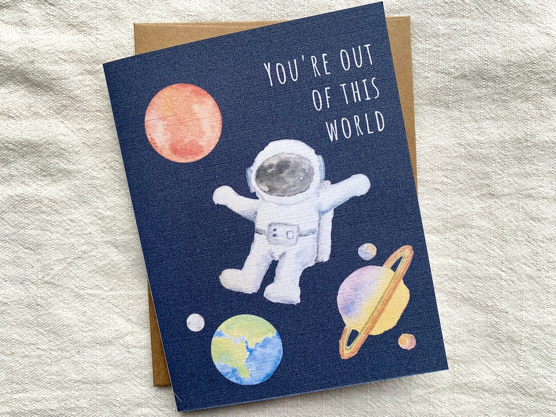Handmade Watercolor Outerspace Card, Astronaut and Planets, Out of This ...