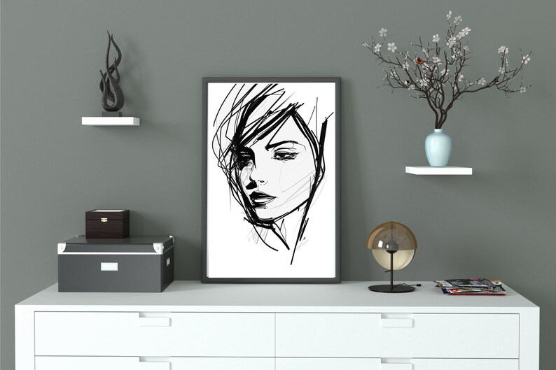 Woman Sketch Portrait, Black and White Female Art Modern, Minimalistic ...