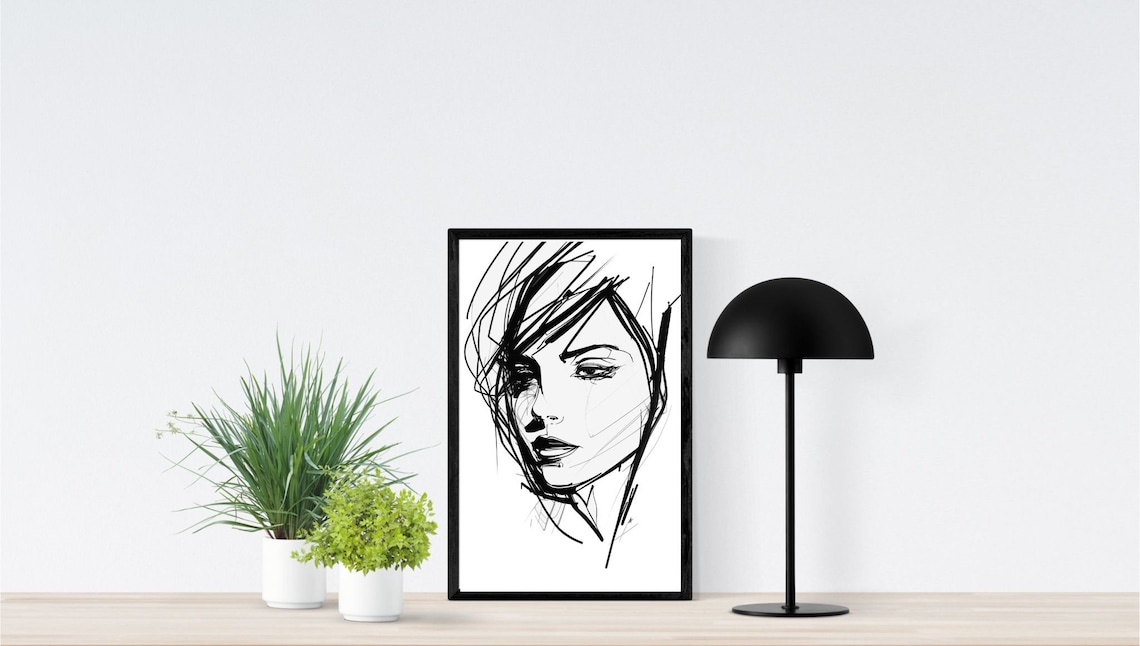 Woman Sketch Portrait, Black and White Female Art Modern, Minimalistic ...