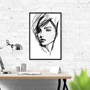 Woman Sketch Portrait, Black and White Female Art Modern, Minimalistic ...