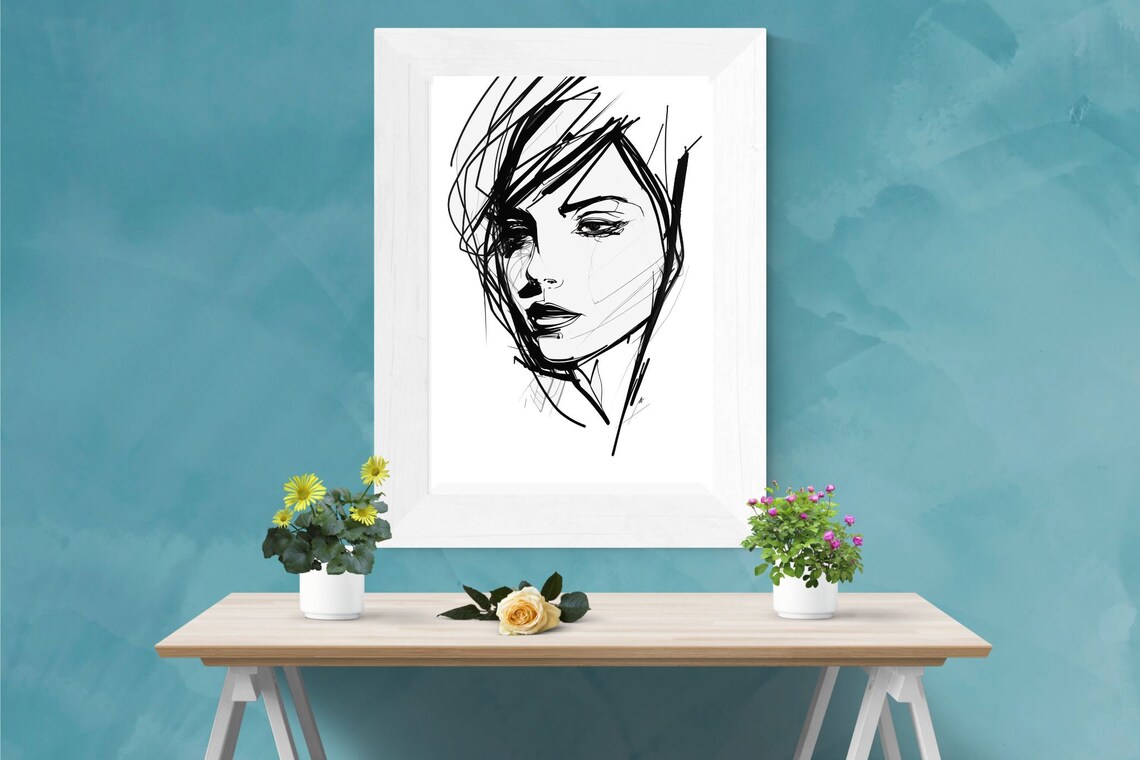 Woman Sketch Portrait, Black and White Female Art Modern, Minimalistic ...