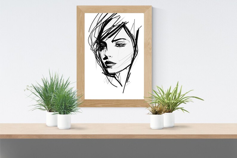 Woman Sketch Portrait, Black and White Female Art Modern, Minimalistic ...