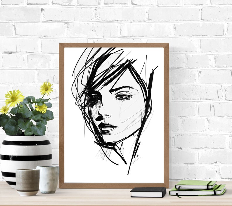 Woman Sketch Portrait, Black and White Female Art Modern, Minimalistic ...