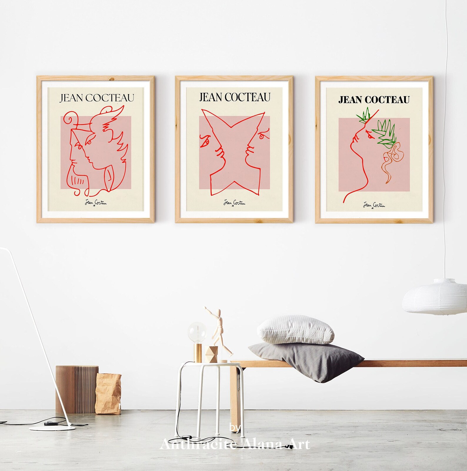 Jean Cocteau Wall Art, Jean Cocteau Line Art Print, Red Pink Jean ...