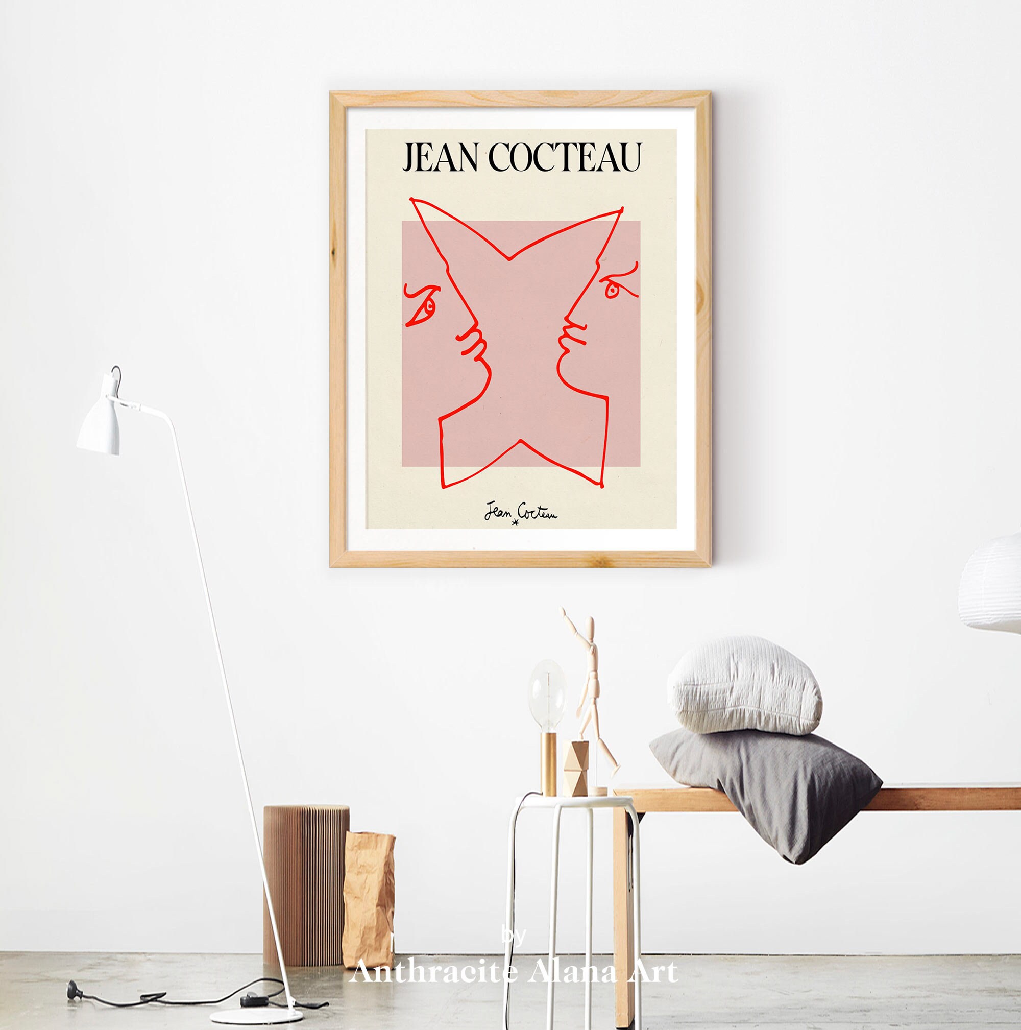 Jean Cocteau Wall Art, Jean Cocteau Line Art Print, Red Pink Jean ...