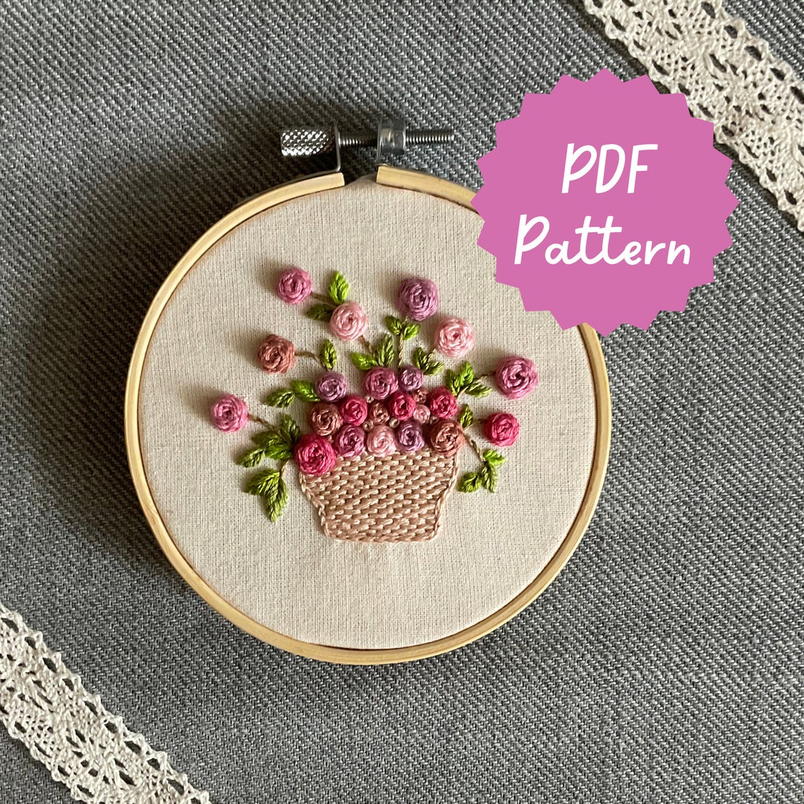 Basket With Roses - Learn to Stitch Beginner Embroidery Pattern - PDF ...
