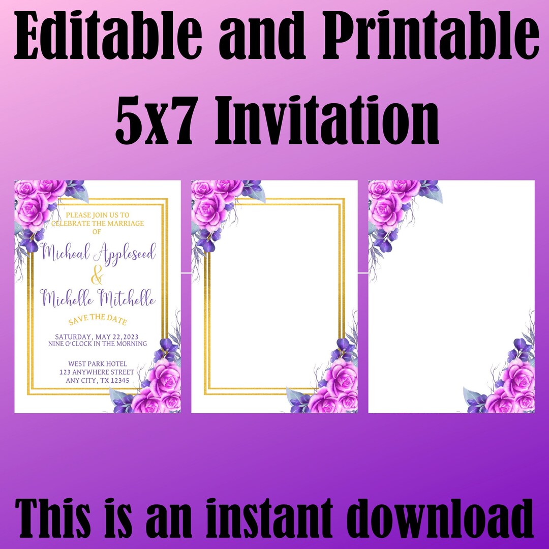 Purple Wedding Invitation Customizable Editable & Printable Invitation ...