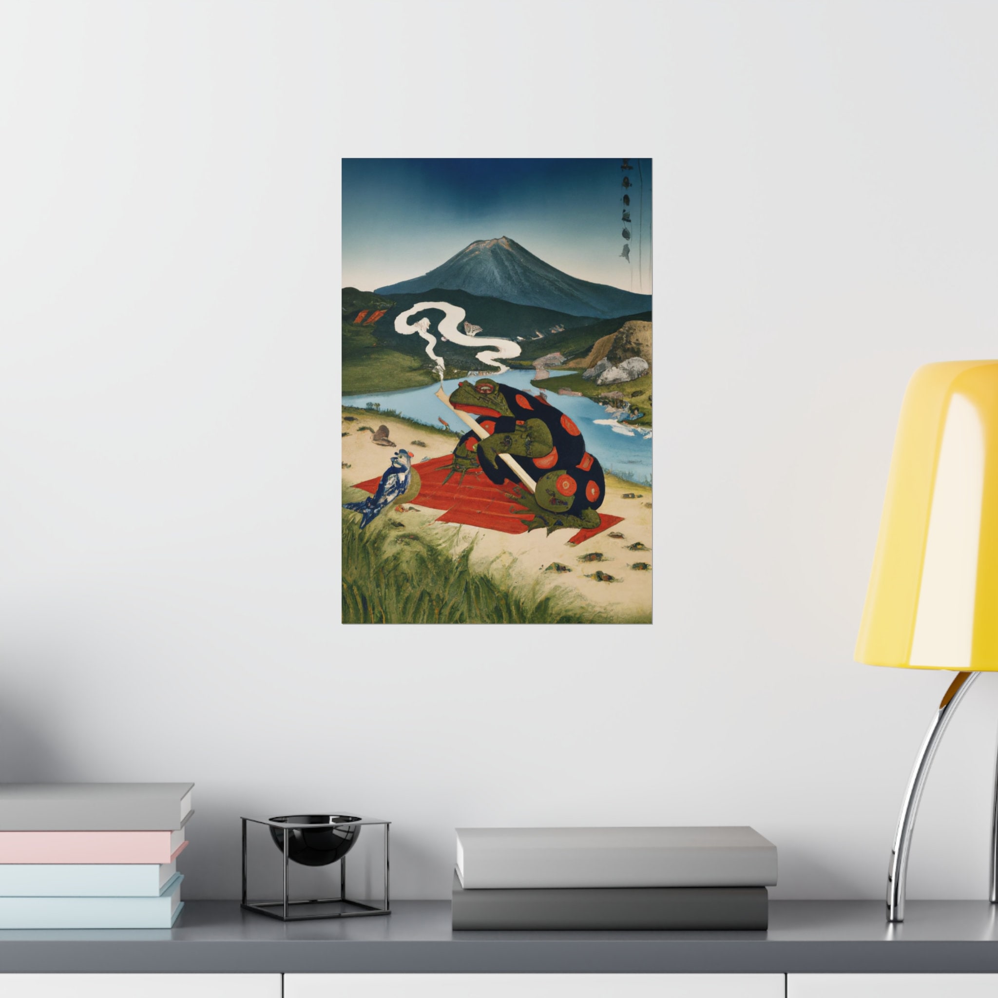 Japanese Ukiyo-e Art Tranquil Toad Smoking Pipe on Mountainside ...