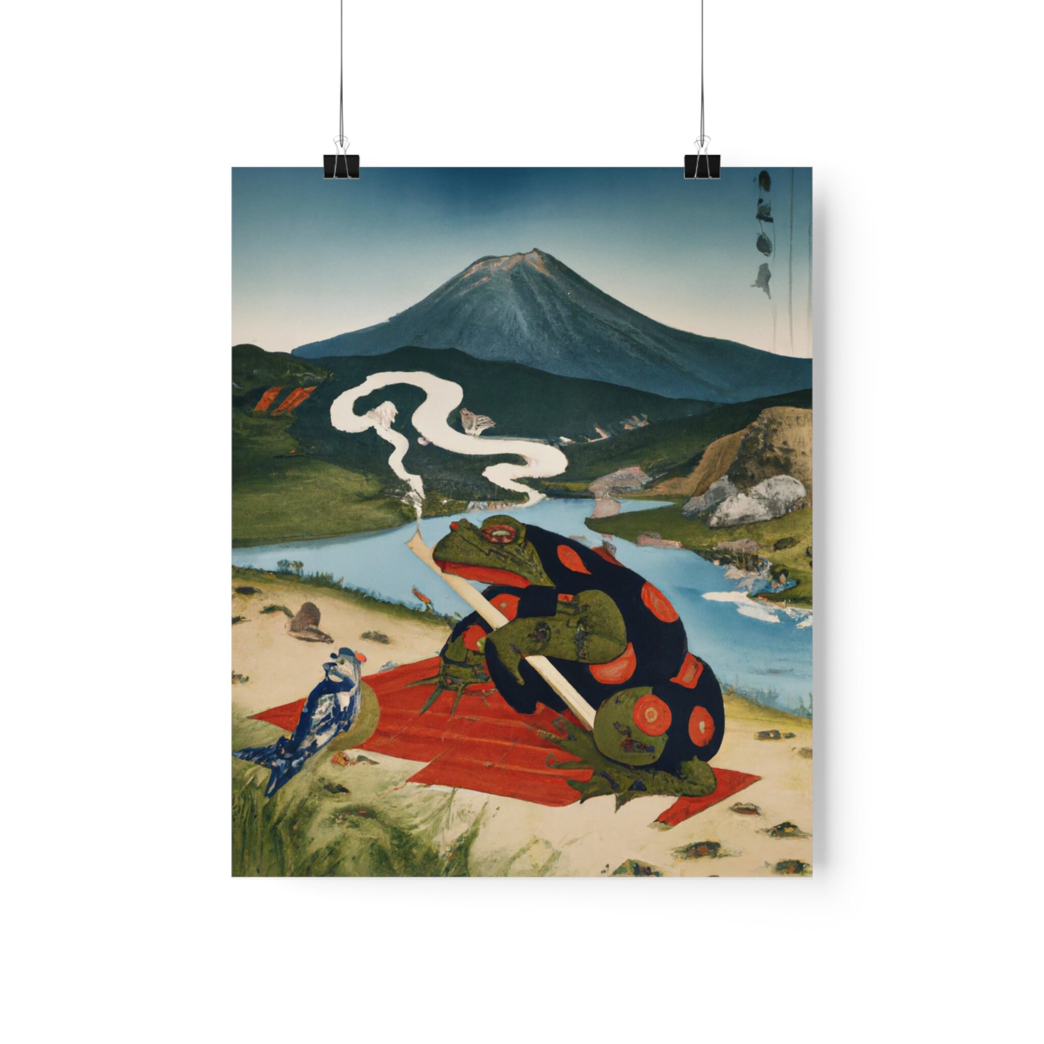 Japanese Ukiyo-e Art Tranquil Toad Smoking Pipe on Mountainside ...