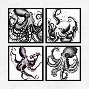 Black Ink Octopus Drawings Home Wall Decor, Digital Download 4 Pack - Etsy