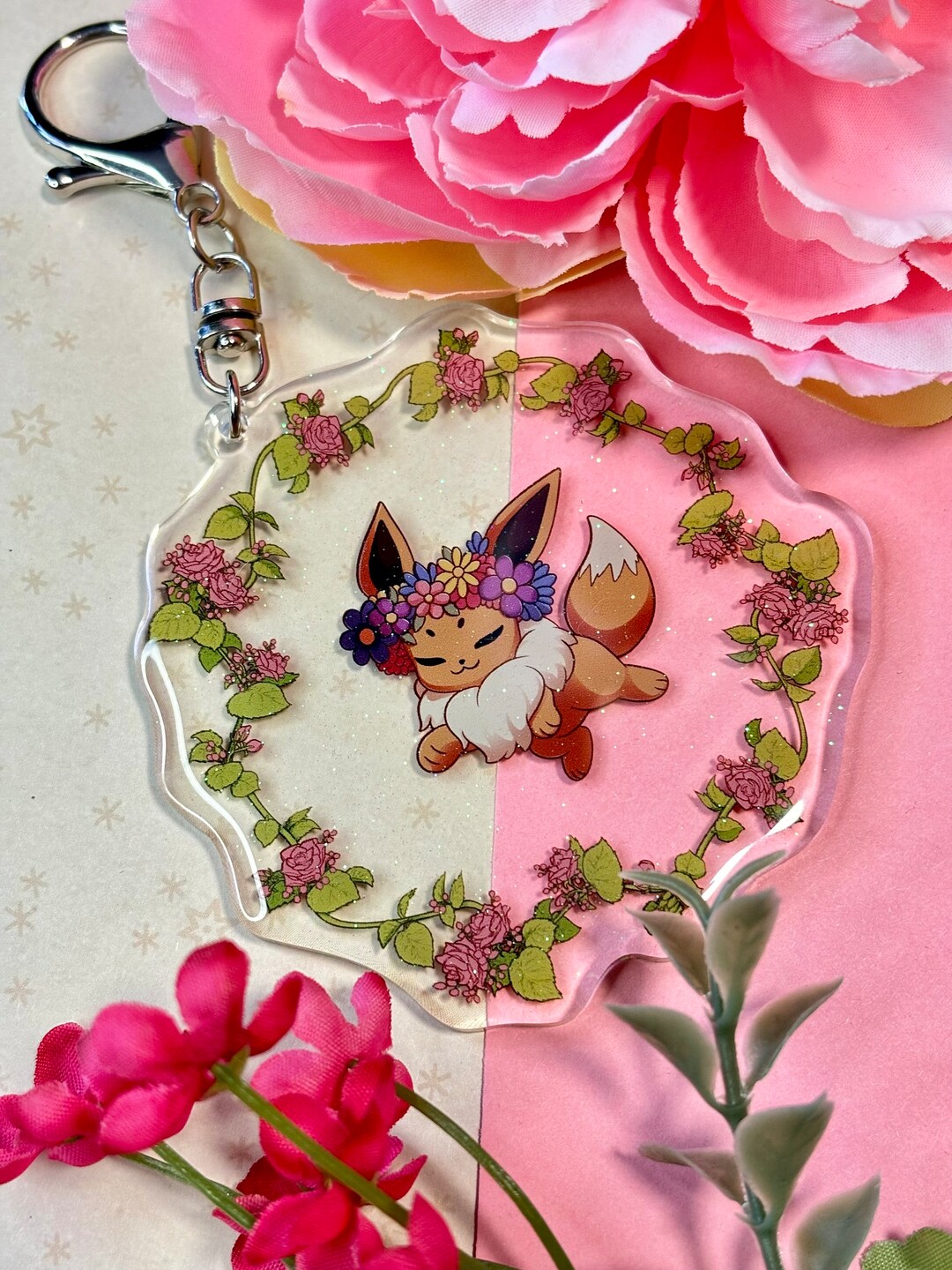 Flower Crown Eevee Cute Fanart 3” Epoxy and Acrylic Keychain Charm - Etsy