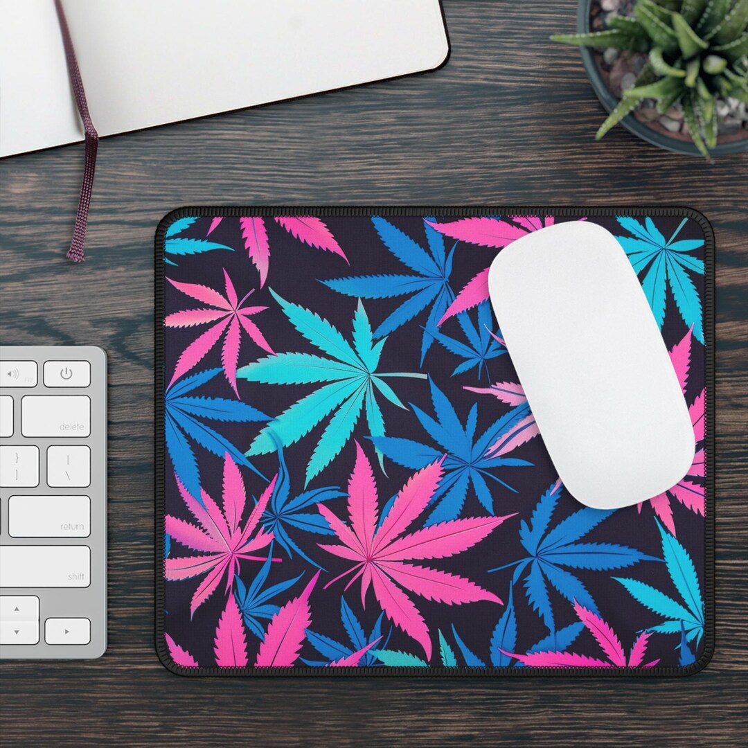 Weed Leaf Gaming Mouse Pad, Blue and Pink Floral Mousepad, Marijuana ...