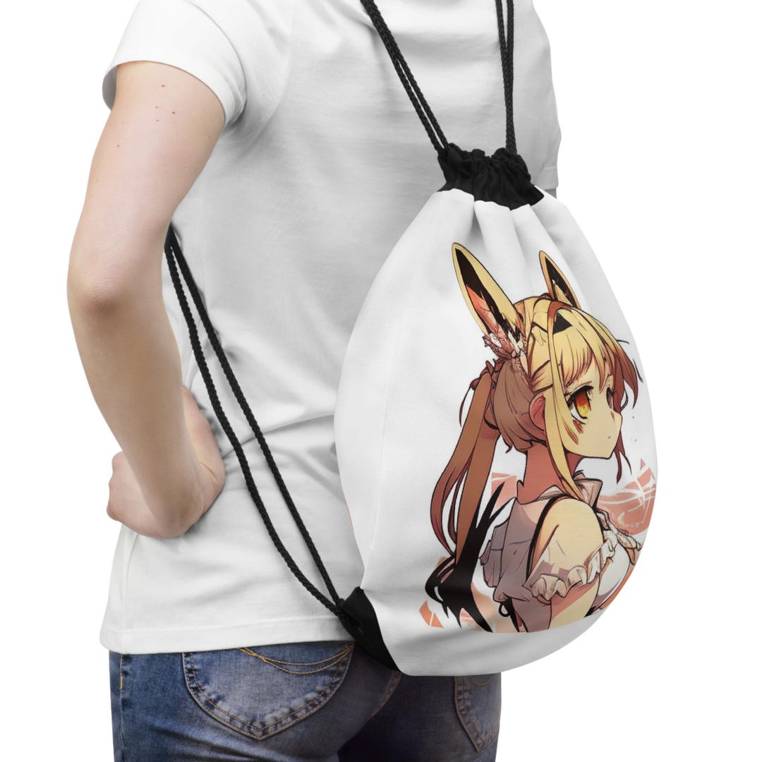 Anime Girl Fox Ears Drawstring Bag, Cartoon Kawaii Shoulder Backpack ...