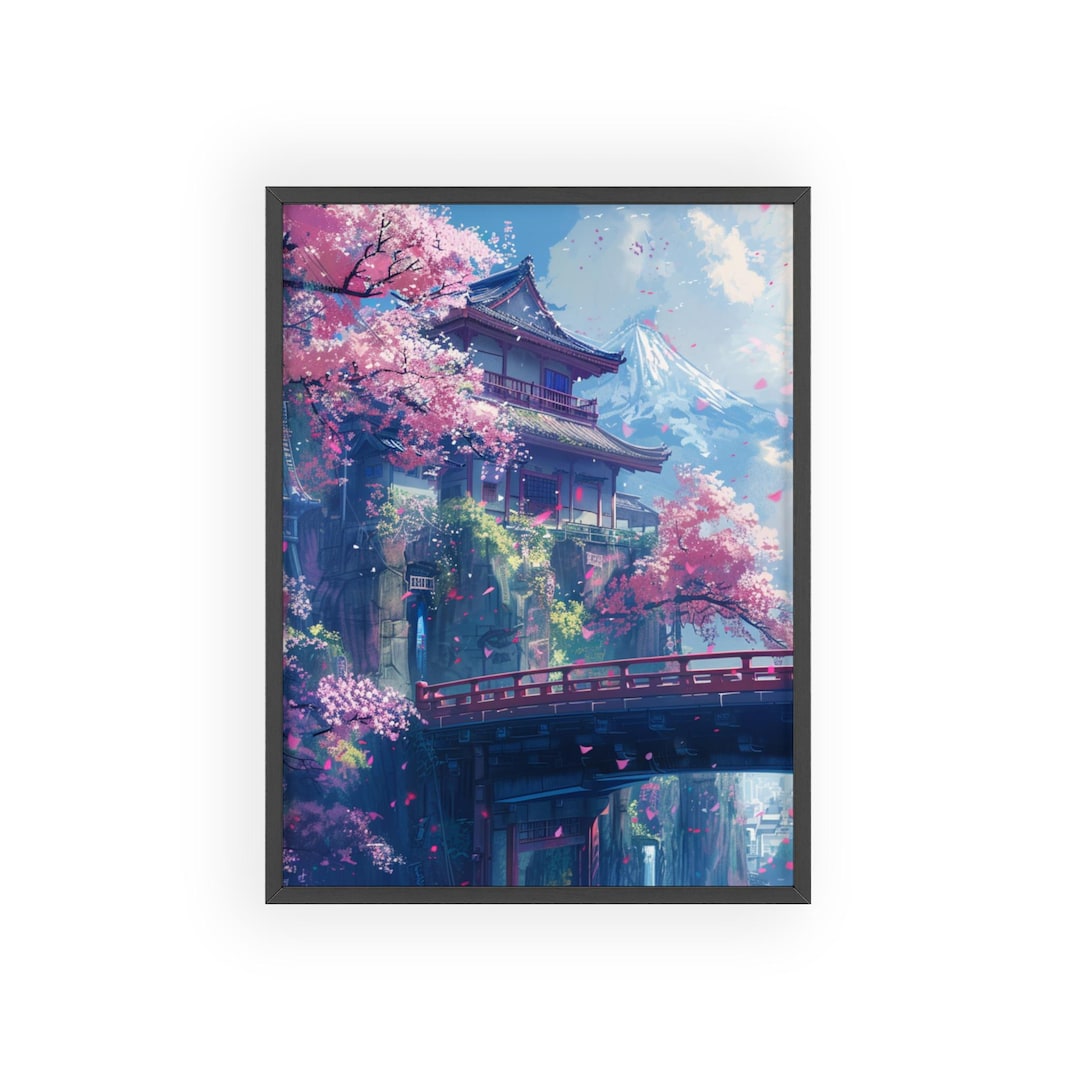 Artistic Japanese Building and Bridge on a Cliff | Art | Posters With ...