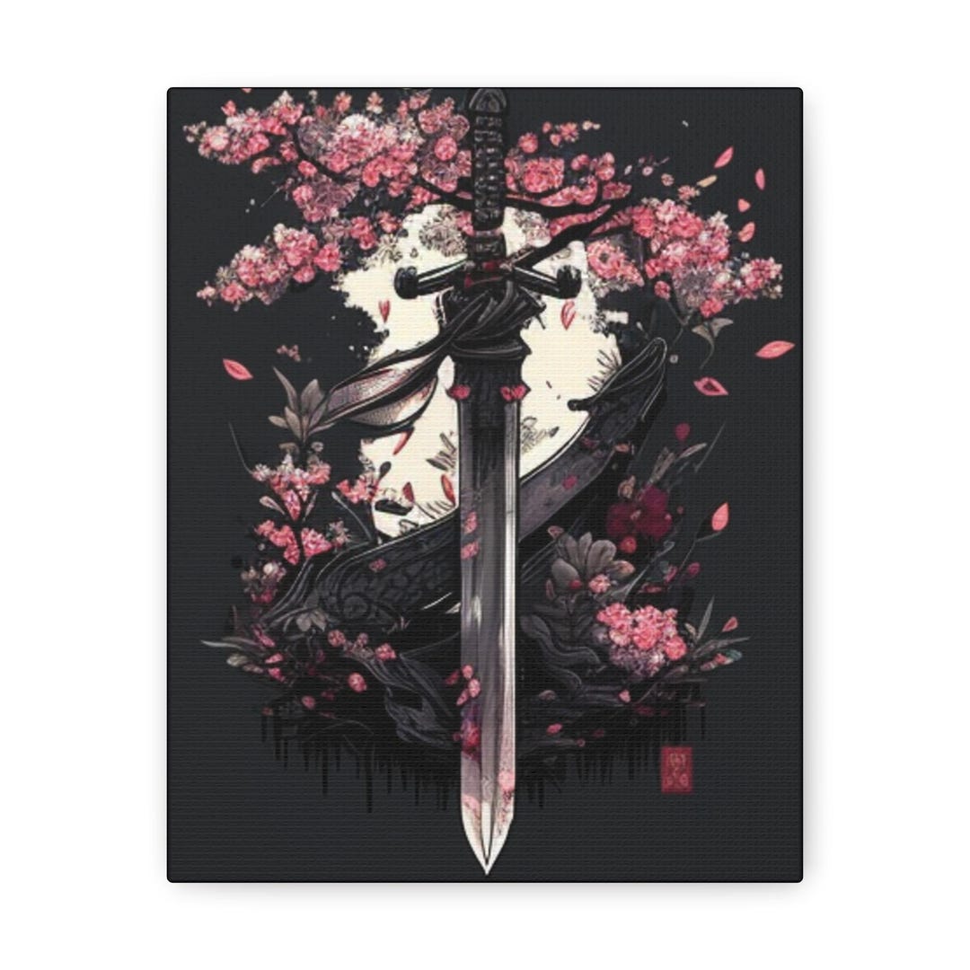 Canvas Art Prints, Japanese Sword Cherry Blossom Wall Decor, Samurai ...