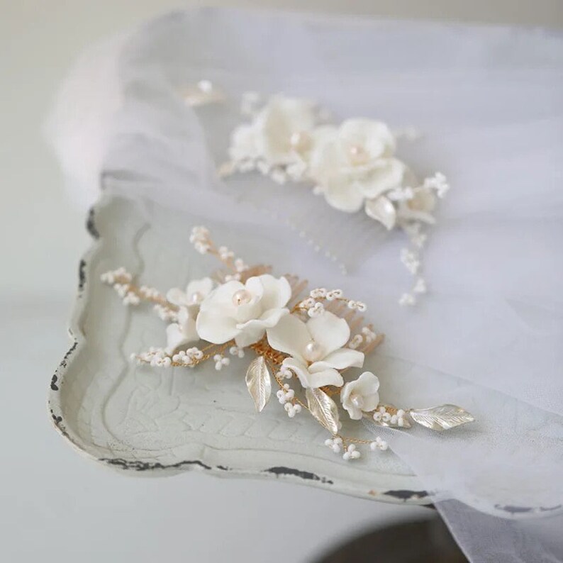 BLANCA White Porcelain Flowers & Freshwater Pearls Bridal - Etsy