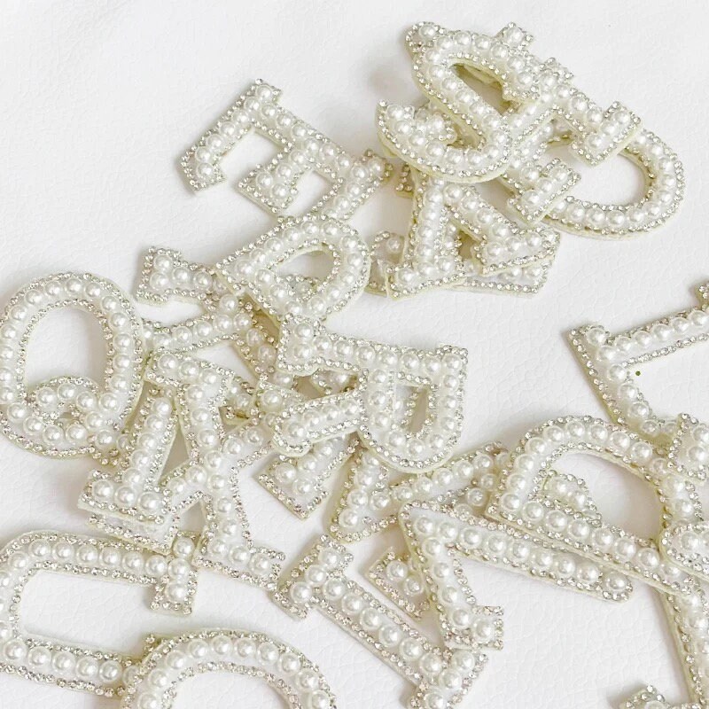 Pearl and Rhinestone Iron on Letter Patch DIY Bride Bride Denim Jacket ...