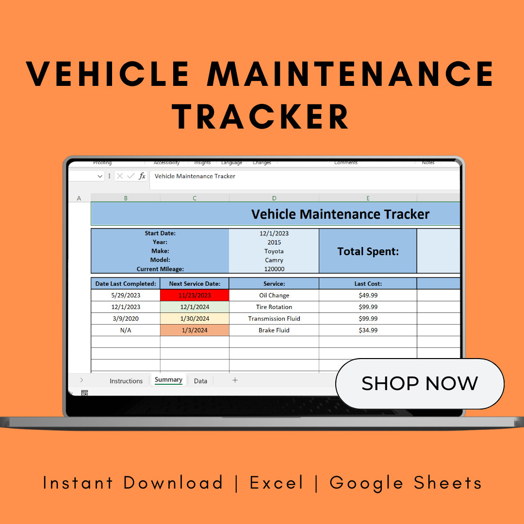 Vehicle Maintenance Tracker: Excel Template, Auto Service Log (digital ...